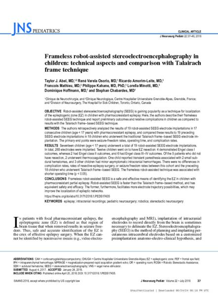 Frameless Robot-Assisted Stereoelectroencephalography in Children: Technical Aspects and ...