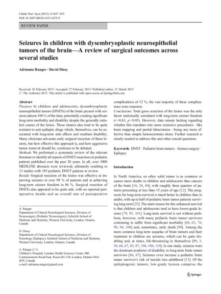 Seizures in Children With Dysembryoplastic Neuroepithelial Tumors of ...