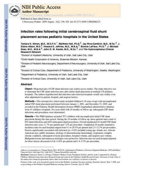 Infection Rates Following Initial Cerebrospinal Fluid Shunt Placement ...