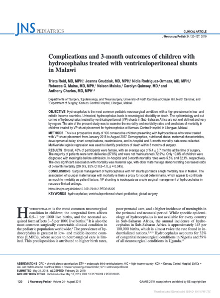 Complications and 3-month outcomes of children with hydrocephalus ...