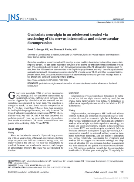 Geniculate neuralgia in an adolescent treated via sectioning of the ...