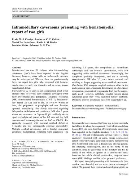 Intramedullary cavernoma presenting with hematomyelia: report of two girls - ISPN Library