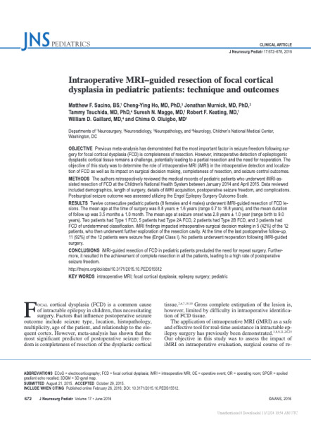 Intraoperative MRI-guided resection of focal cortical dysplasia in ...