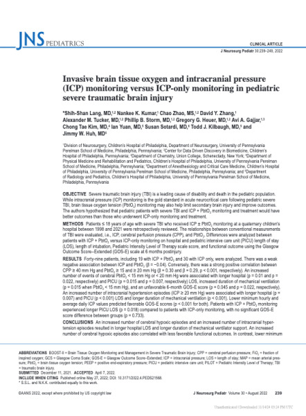 Invasive brain tissue oxygen and intracranial pressure (ICP) monitoring ...