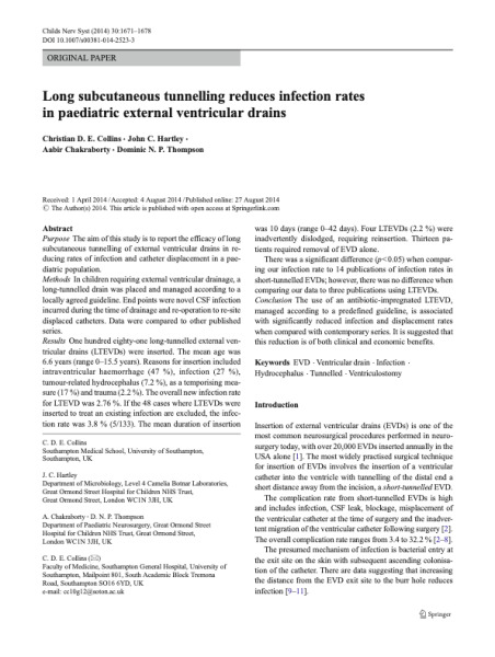 Long subcutaneous tunnelling reduces infection rates in paediatric ...