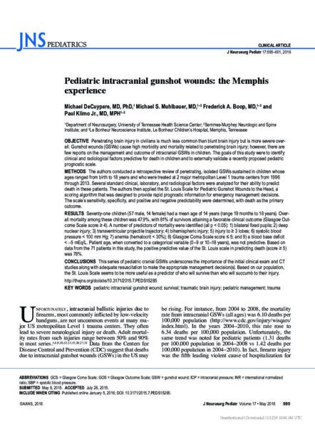 Pediatric intracranial gunshot wounds: the Memphis experience - ISPN ...