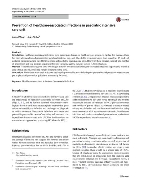 Prevention of healthcare-associated infections in paediatric intensive care unit - ISPN Library