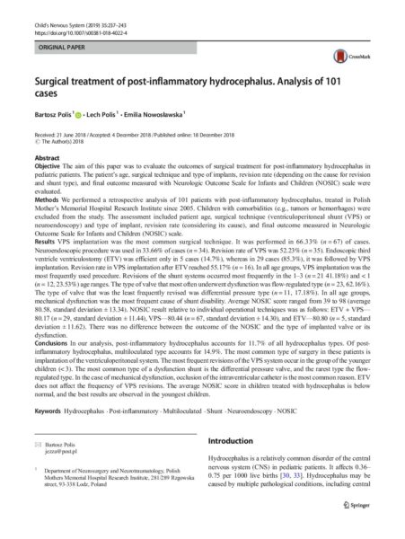 Surgical treatment of post-inflammatory hydrocephalus. Analysis of 101 cases - ISPN Library
