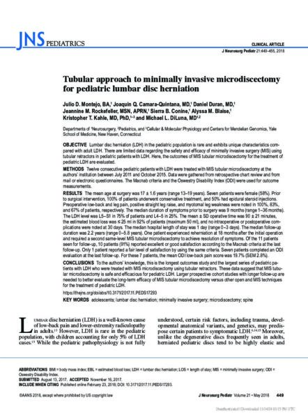 Tubular Approach to Minimally Invasive Microdiscectomy for Pediatric ...