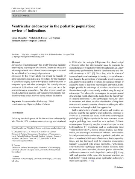 Ventricular Endoscopy in the Pediatric Population: Review of ...