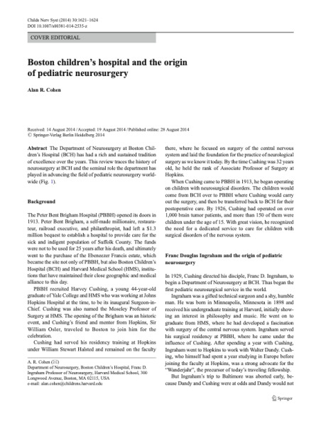 Boston children's hospital and the origin of pediatric neurosurgery ...
