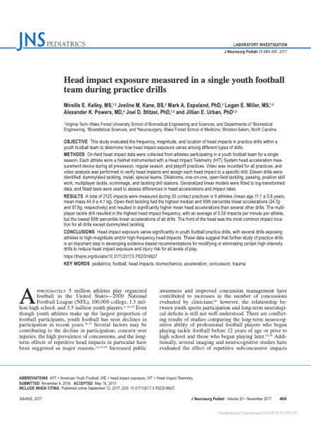 Head impact exposure measured in a single youth football team during ...
