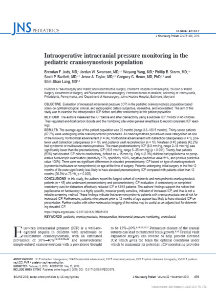 Intraoperative intracranial pressure monitoring in the pediatric ...