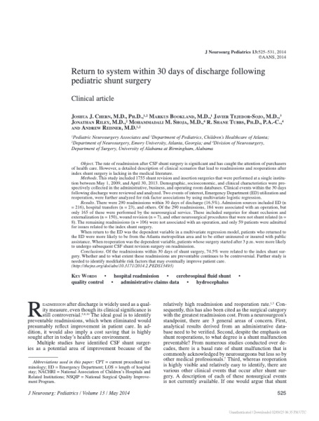 Return to system within 30 days of discharge following pediatric shunt ...