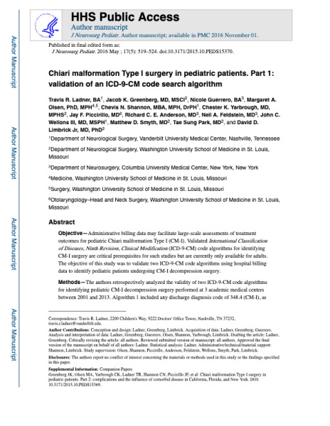 Chiari malformation Type I surgery in pediatric patients. Part 1: validation of an ICD-9-CM code ...