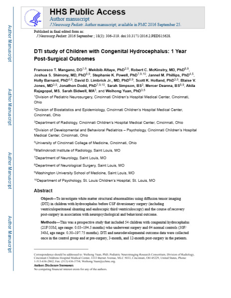 Diffusion tensor imaging study of pediatric patients with congenital hydrocephalus: 1-year ...