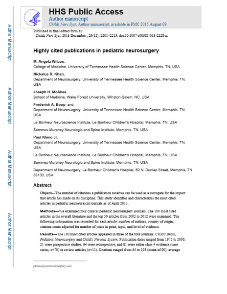 Highly cited publications in pediatric neurosurgery - ISPN Library
