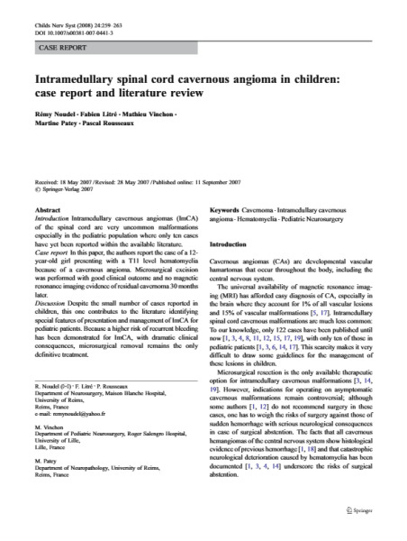 Intramedullary spinal cord cavernous angioma in children: case report ...