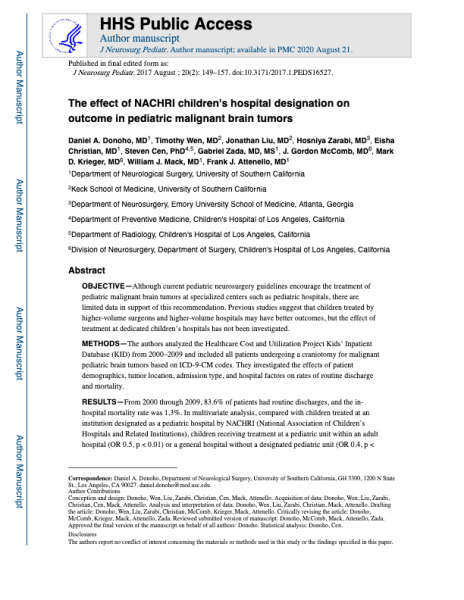 The effect of NACHRI children's hospital designation on outcome in ...