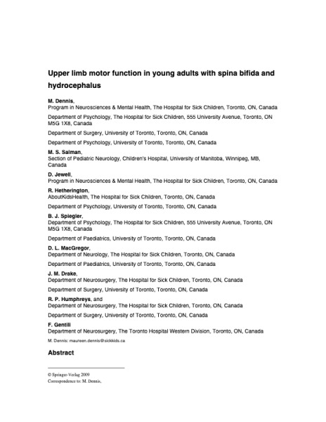 Upper limb motor function in young adults with spina bifida and ...