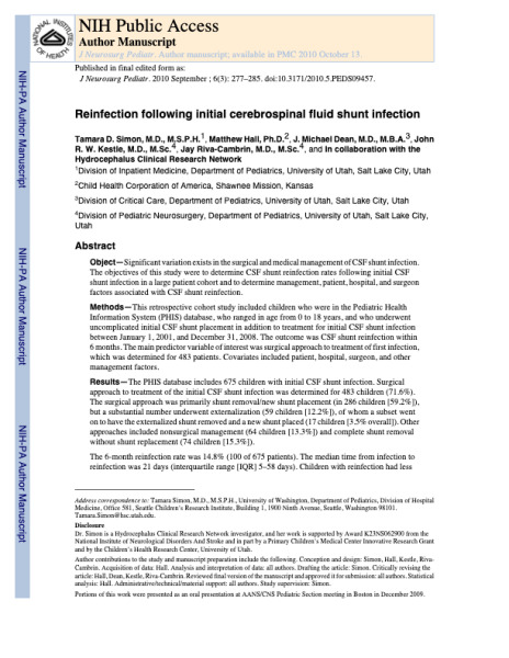 Reinfection following initial cerebrospinal fluid shunt infection ...